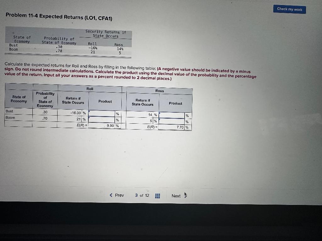 Solved Problem 11-4 Expected Returns (LO1, CFA1) Calculate | Chegg.com