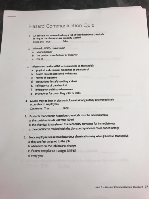 Solved: 1 Hazard Communication Quiz An Office Is Not Requi... | Chegg.com