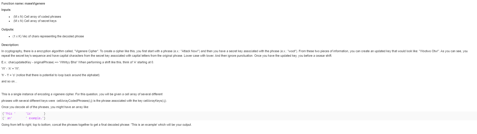 Solved Function name: massVigenere - (M×N) Cell array of | Chegg.com