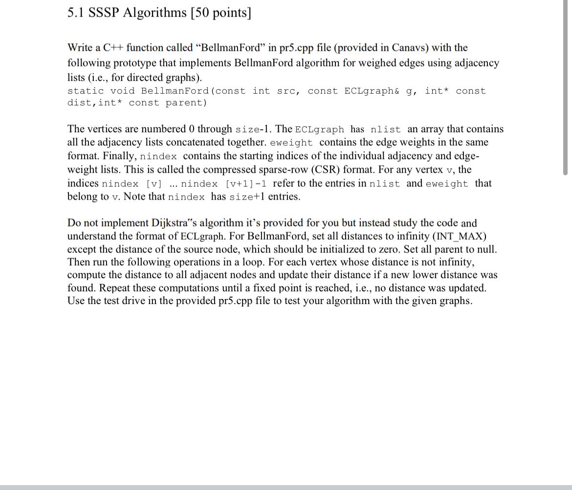 5.1 SSSP Algorithms (50 points] Write a C++ function | Chegg.com