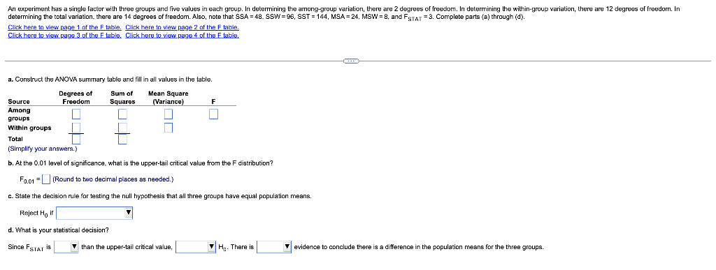 Solved An experiment has a single factor with three groups | Chegg.com