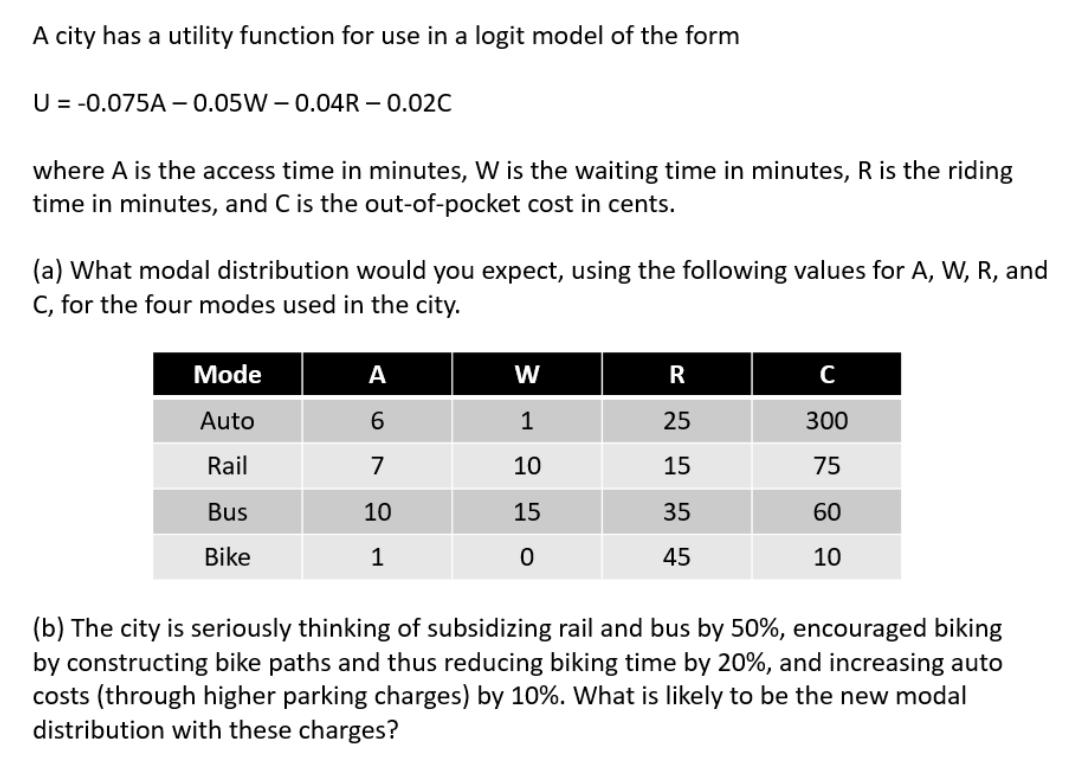 Solved A city has a utility function for use in a logit | Chegg.com