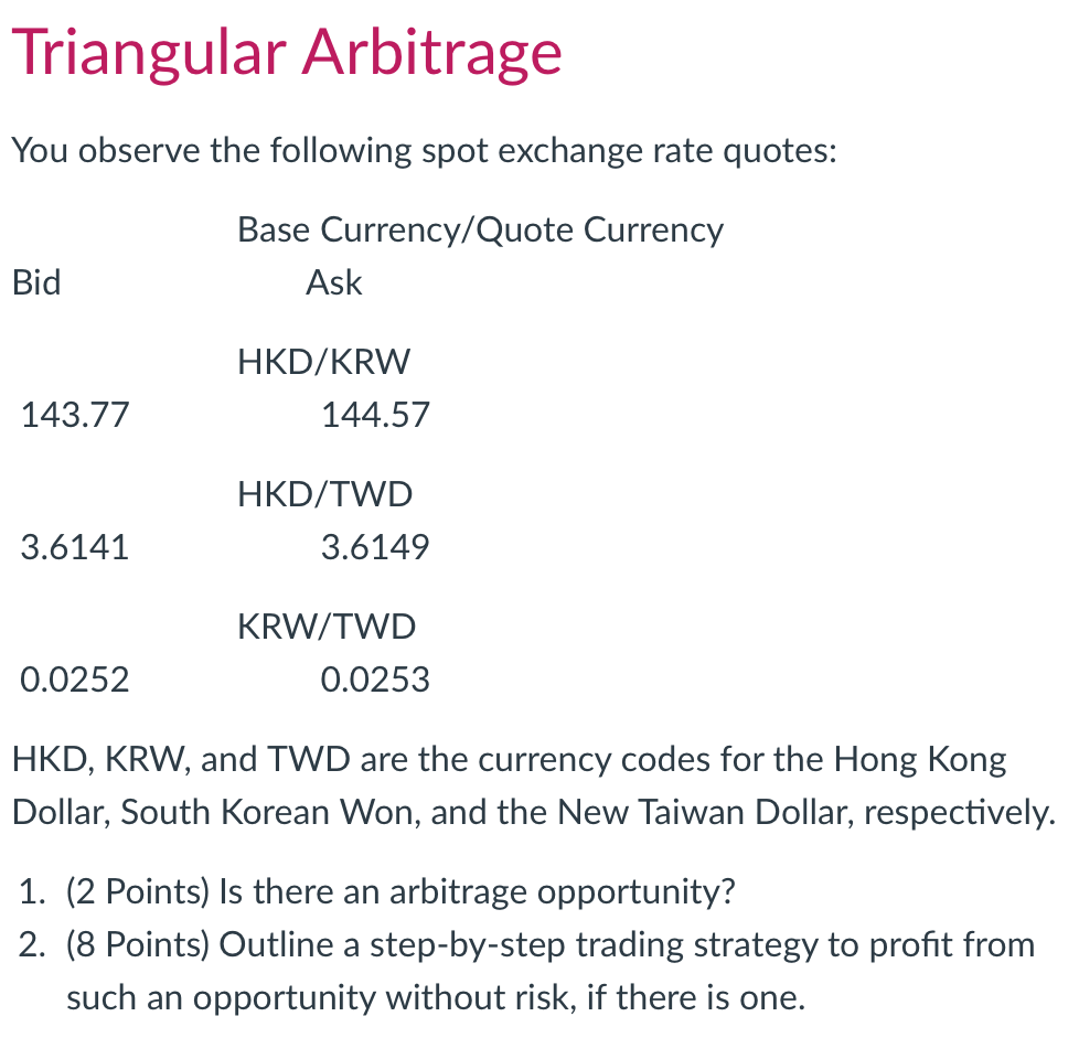 Solved Triangular Arbitrage You observe the following spot | Chegg.com