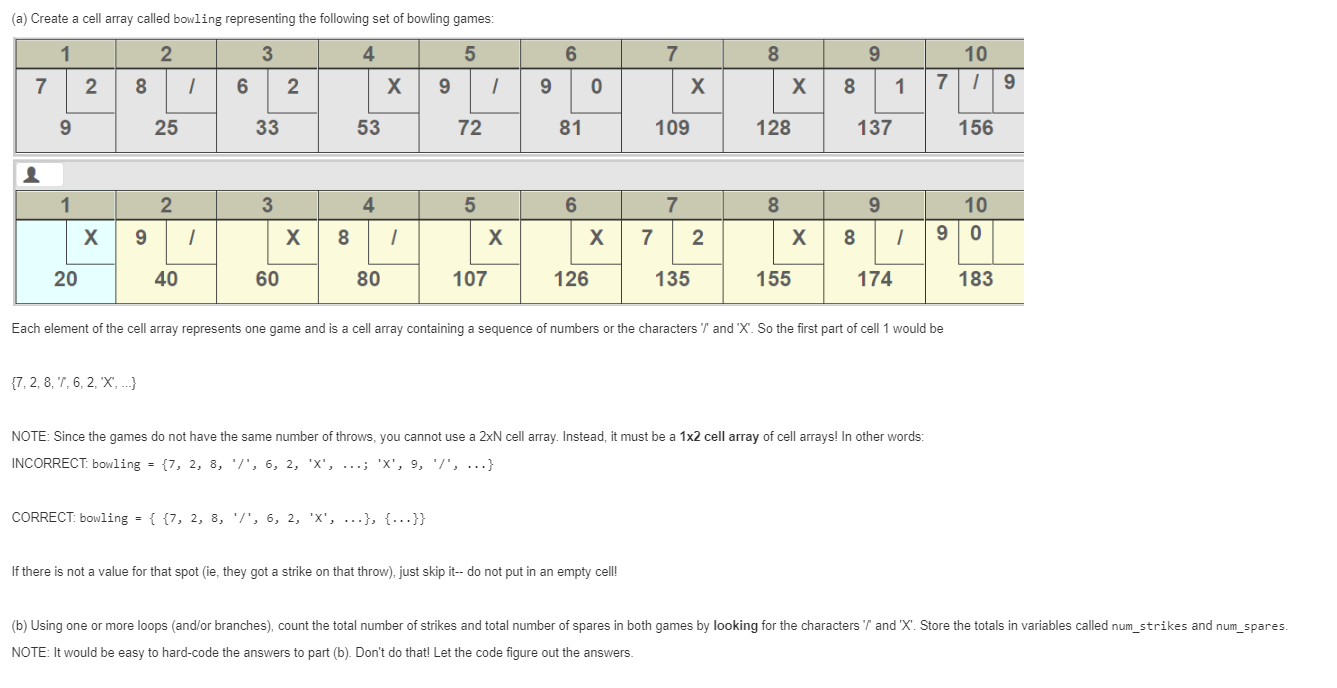 Solved (a) Create a cell array called bowling representing | Chegg.com