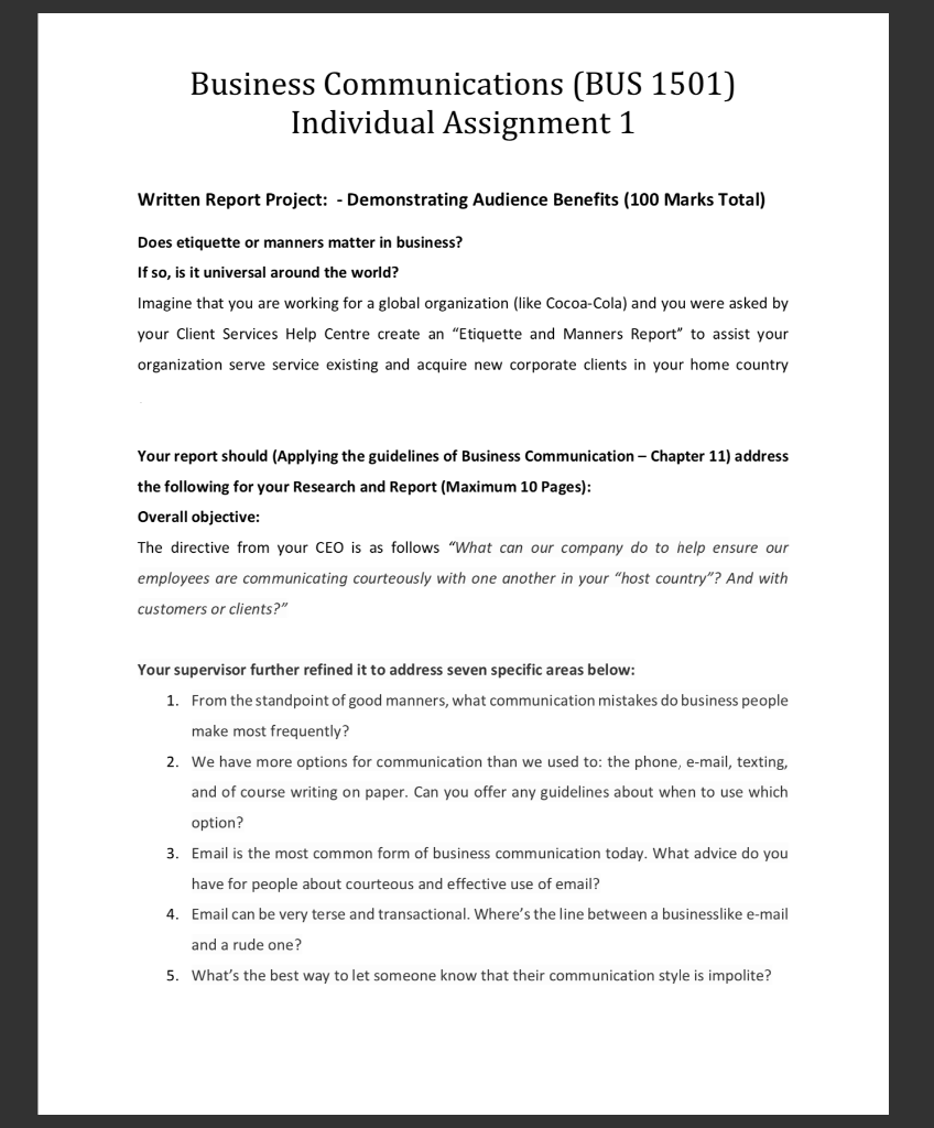 Solved Business Communications (BUS 1501) Individual | Chegg.com