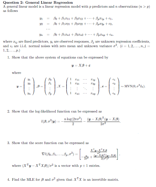 Question 2: General Linear Regression A general | Chegg.com