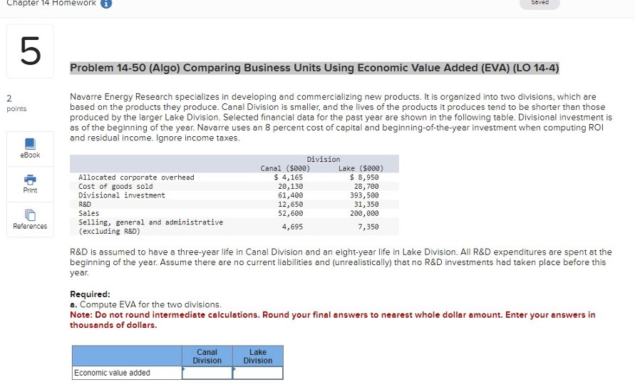 Solved Problem 14-50 (Algo) ﻿Comparing Business Units Using | Chegg.com