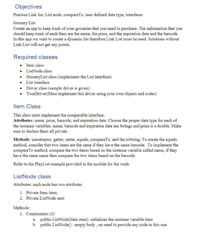 Solved Objectives Practice Link list, List node, compareTo, | Chegg.com