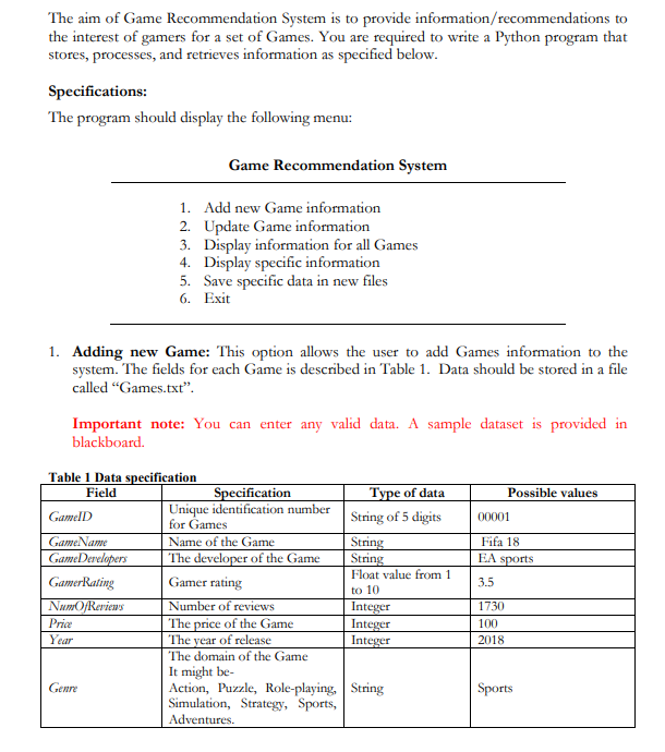 Solved The aim of Game Recommendation System is to provide | Chegg.com