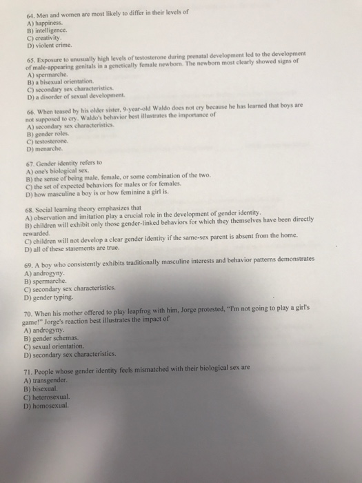 Solved 64. Men and women are most likely to differ in their | Chegg.com