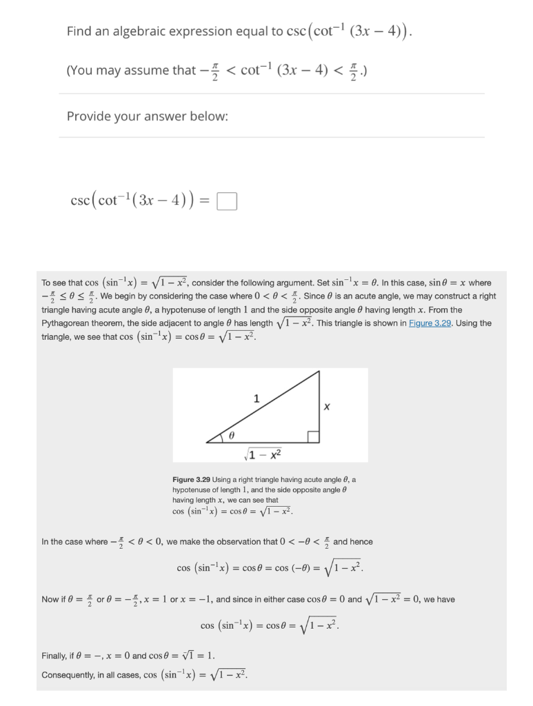 Solved Find an algebraic expression equal to esc(cot-1 (3x – | Chegg.com