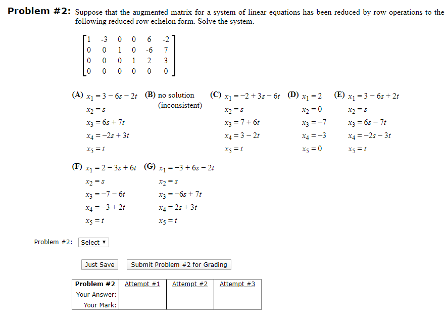 Solved Problem #2: Suppose that the augmented matrix for a | Chegg.com