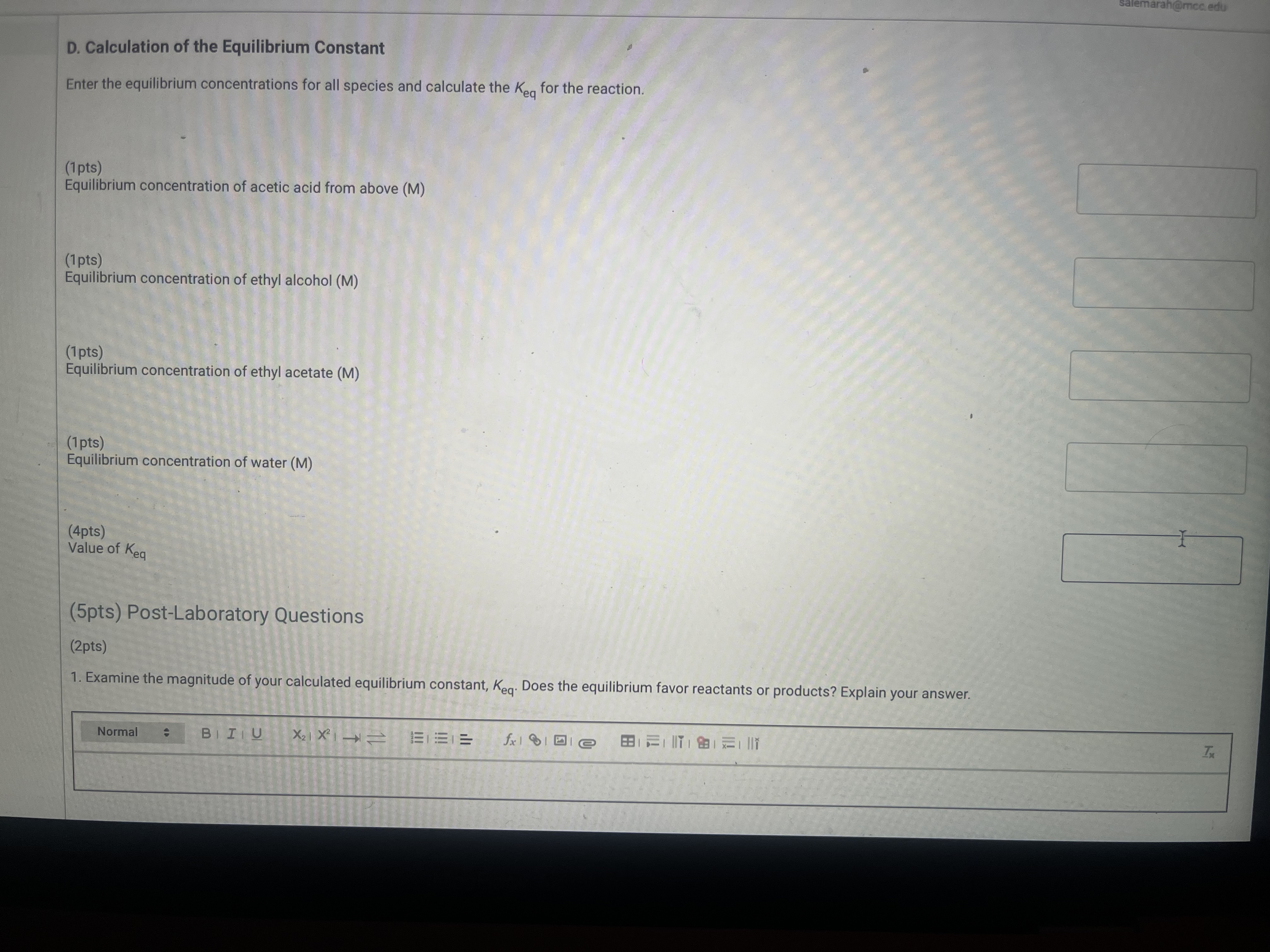 Solved help please.D. ﻿Calculation of the Equilibrium | Chegg.com