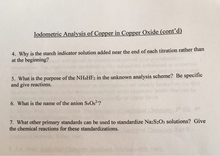 Solved Iodometric Analysis of Copper in Copper Oxide | Chegg.com