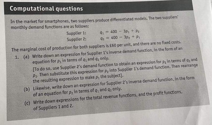 Solved Computational questions In the market for | Chegg.com
