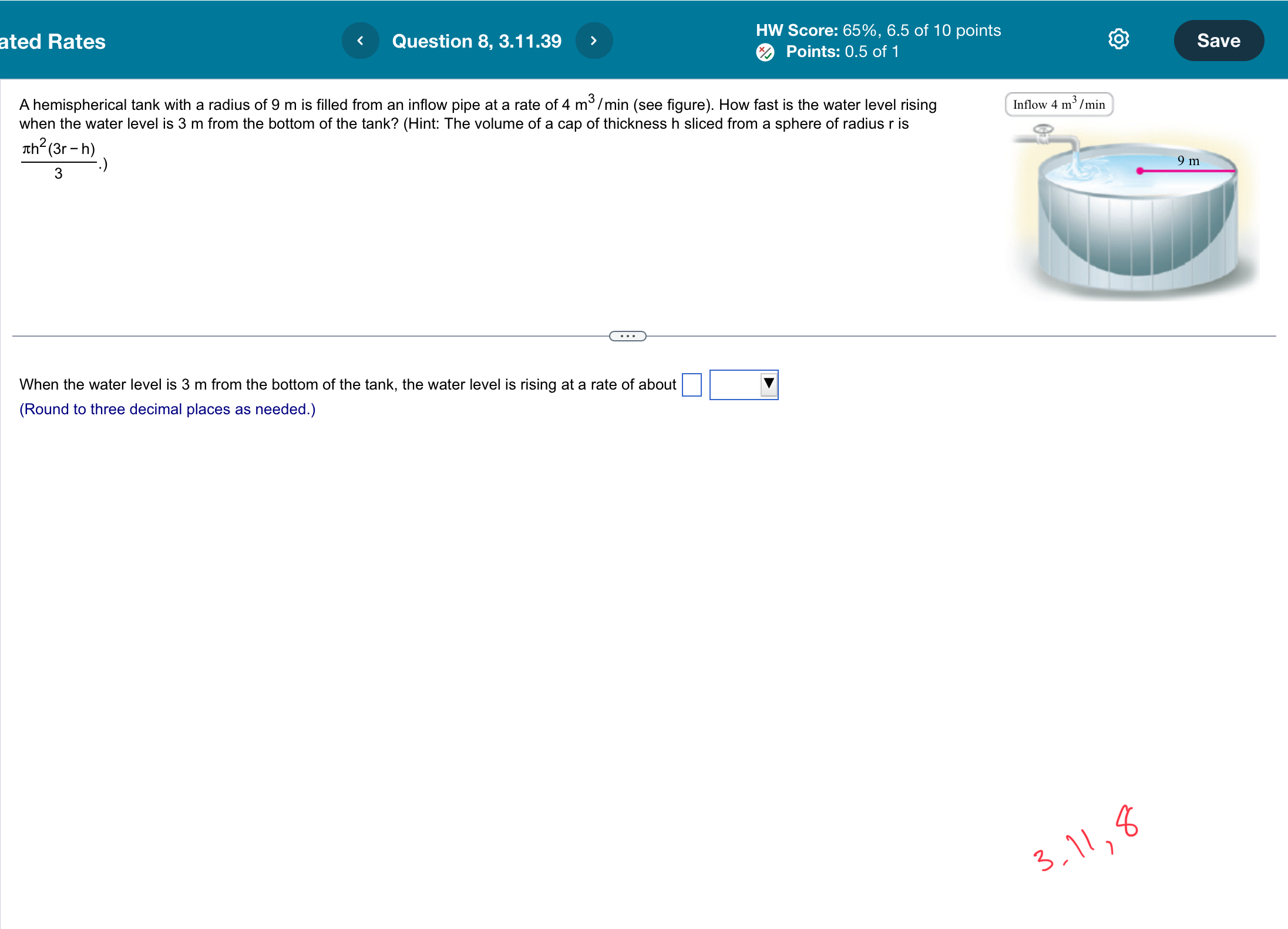 Solved A hemispherical tank with a radius of 9 m is filled | Chegg.com