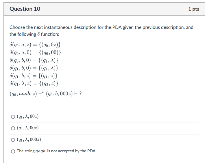 Solved Choose the next instantaneous description for the PDA | Chegg.com