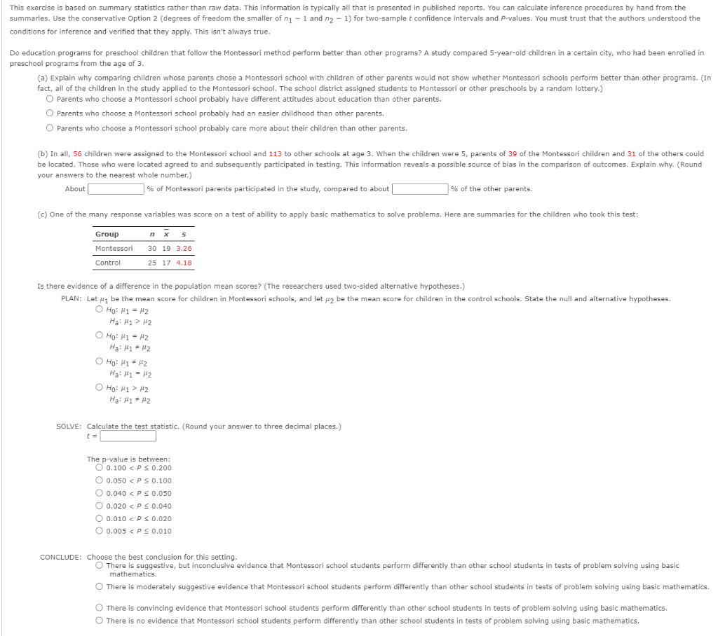 Solved This exercise is based on summary statistics rather | Chegg.com