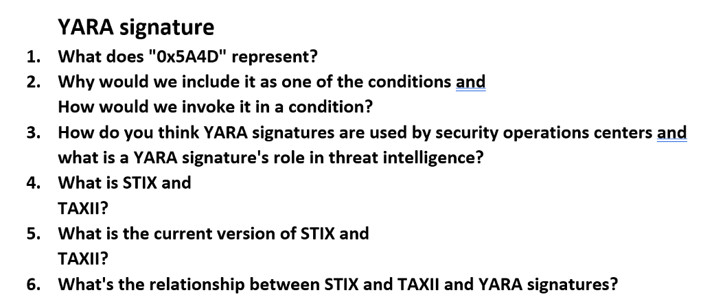 Solved YARA signature What does "Ox5A4D" represent? Why | Chegg.com