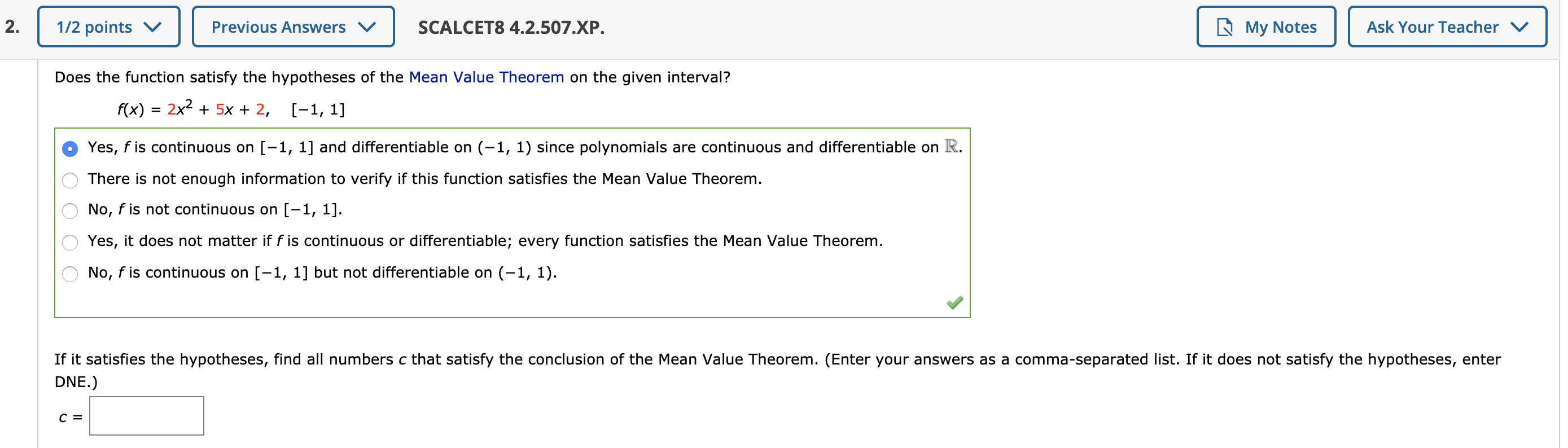 Solved 1/2 points V Previous Answers v SCALCET8 4.2.507.XP. | Chegg.com