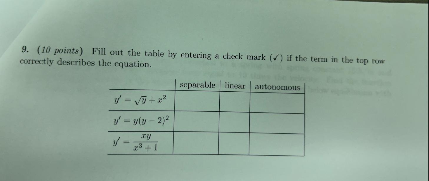Solved 9. (10 points) Fill out the table by entering a check | Chegg.com