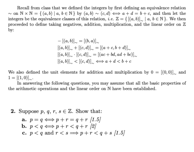Solved Recall from class that we defined the integers by | Chegg.com