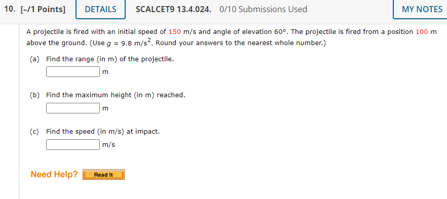 Solved A Projectile Is Fired With An Initial Speed Of 150