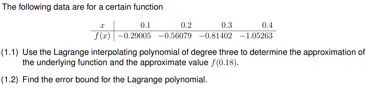 Solved The following data are for a certain function (1.1) | Chegg.com