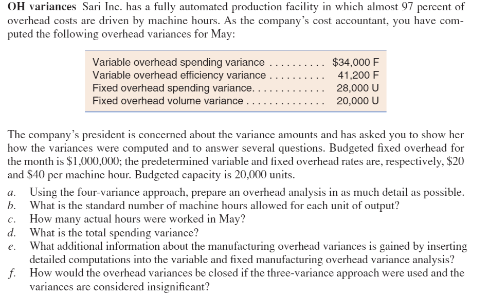 Solved OH variances Sari Inc. has a fully automated | Chegg.com