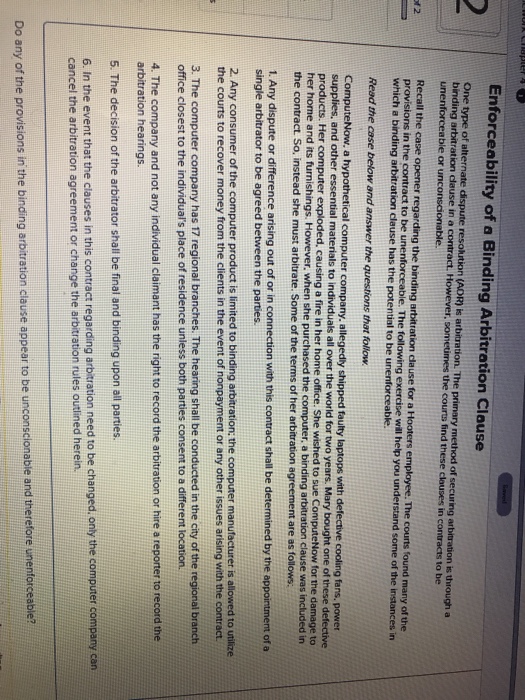 Solved Enforceability of a Binding Arbitration Clouse One | Chegg.com