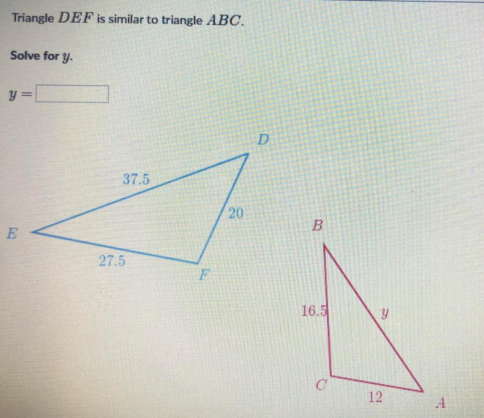 Solved Triangle DEF is similar to triangle ABC. Solve for y. | Chegg.com