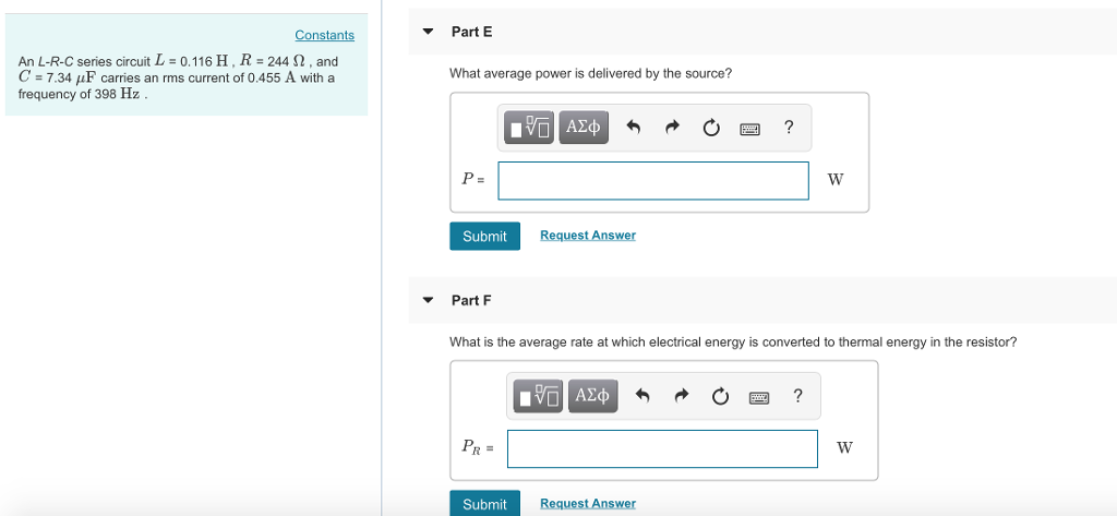 Solved Constants Part An L-R-C series circuit L-0.116 H, | Chegg.com
