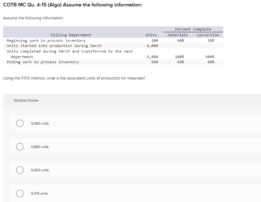 Solved COTB MC Qu. 4-15 (Algo) Assume the following | Chegg.com