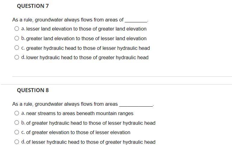Solved QUESTION 7 As a rule, groundwater always flows from | Chegg.com