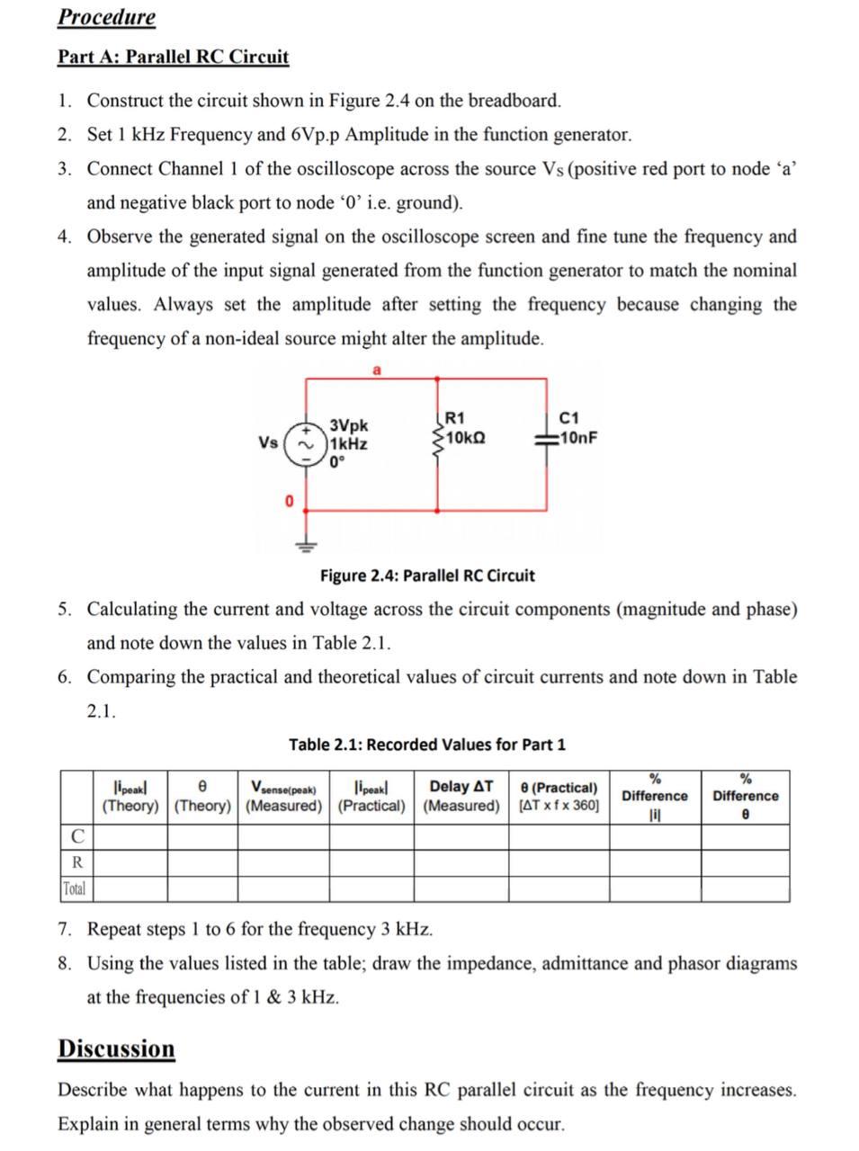 Solved Procedure Part A: Parallel RC Circuit 1. Construct | Chegg.com
