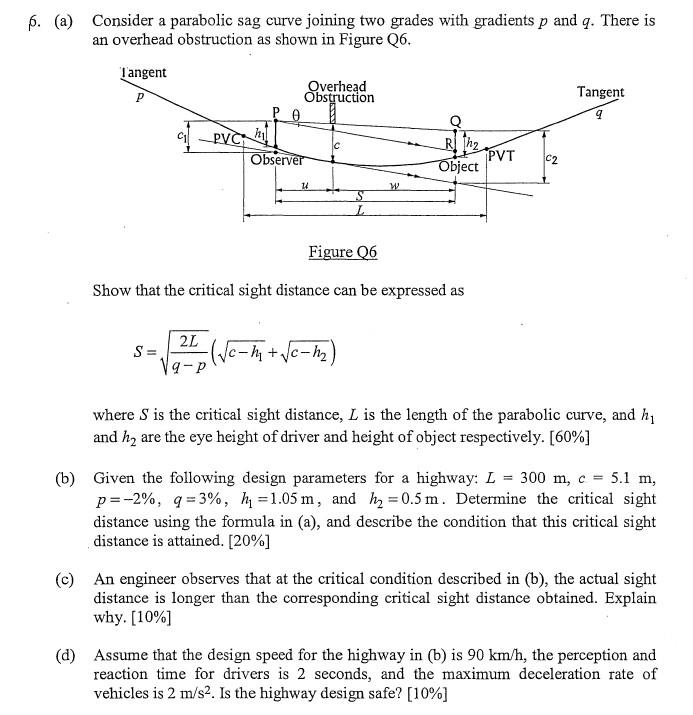 Solved 6. (a) Consider a parabolic sag curve joining two | Chegg.com