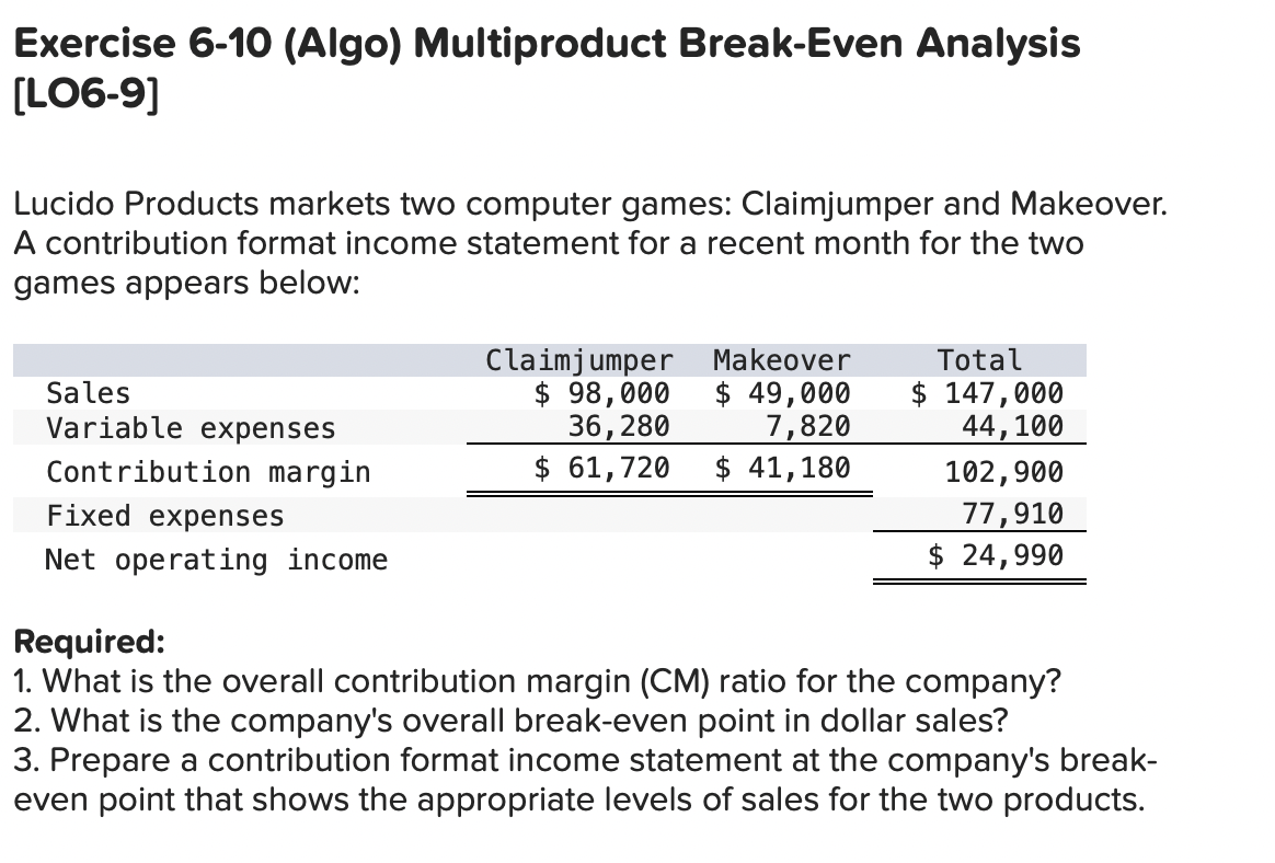 Solved Exercise 6-10 (Algo) Multiproduct Break-Even Analysis | Chegg.com
