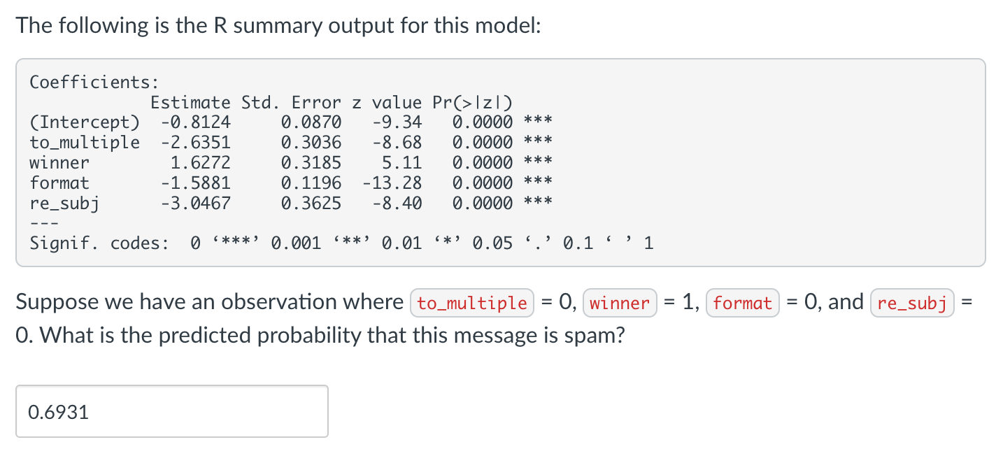 Solved The following is the R summary output for this model: | Chegg.com