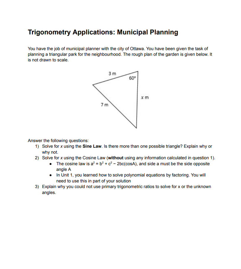 Solved Trigonometry Applications: Municipal PlanningYou have | Chegg.com