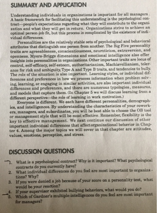 Solved SUMMARY AND APPLICATION Understanding individuals in | Chegg.com