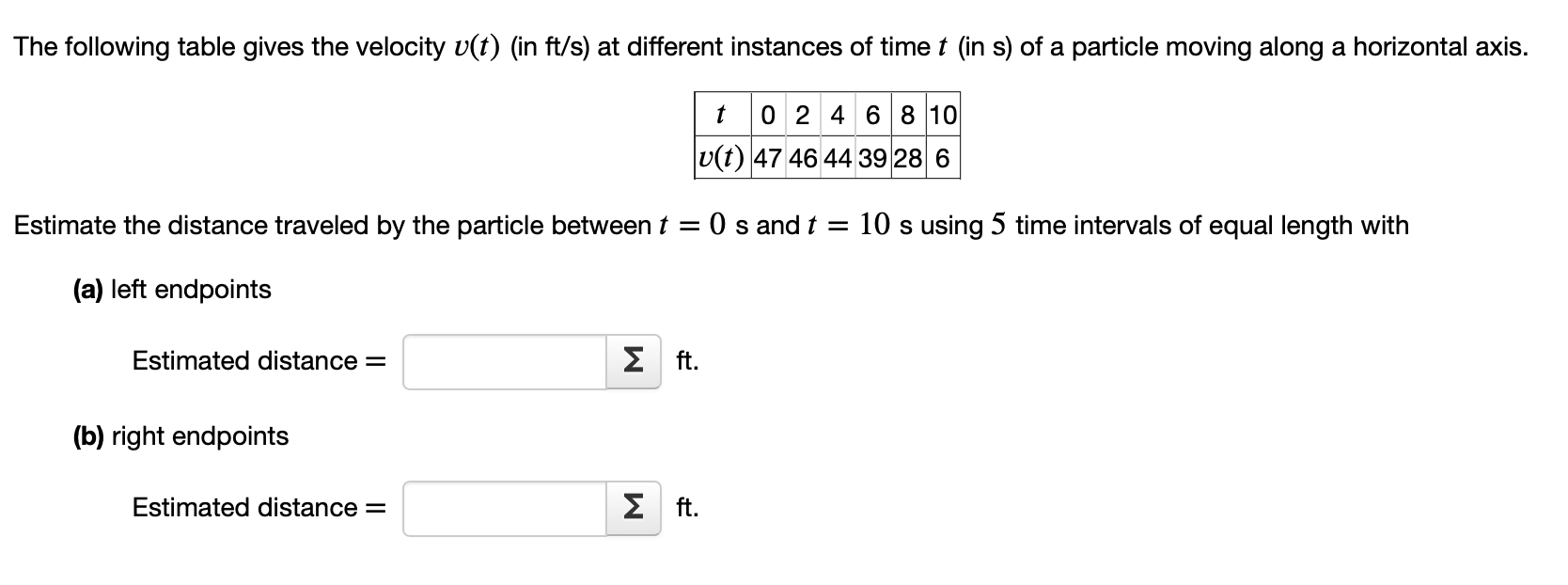 Solved The following table gives the velocity v(t) (in ft/s) | Chegg.com