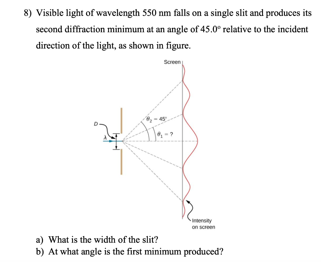 Solved 8) Visible light of wavelength 550 nm falls on a | Chegg.com