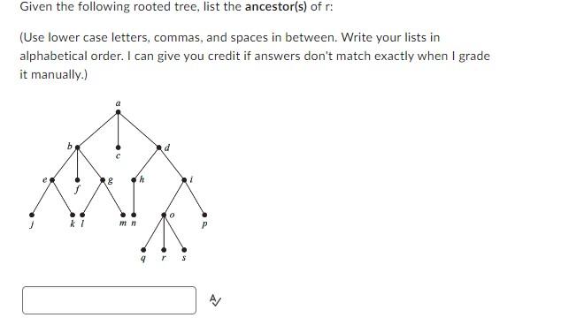 Solved Given the following rooted tree, list the ancestor(s) | Chegg.com