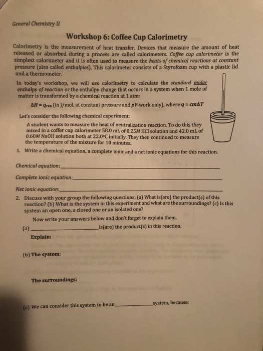 Solved General Chemistry II Workshop 6: Coffee Cup | Chegg.com