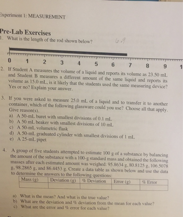 Solved Experiment 1: MEASUREMENT Pre-Lab Exercises . What is | Chegg.com