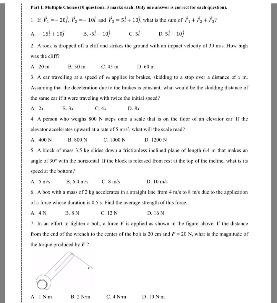 Solved Part I. Multiple Choice (10 questions, 3 marks each. | Chegg.com