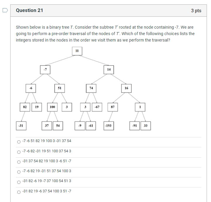 Solved Question 21 3 pts Shown below is a binary tree T. | Chegg.com