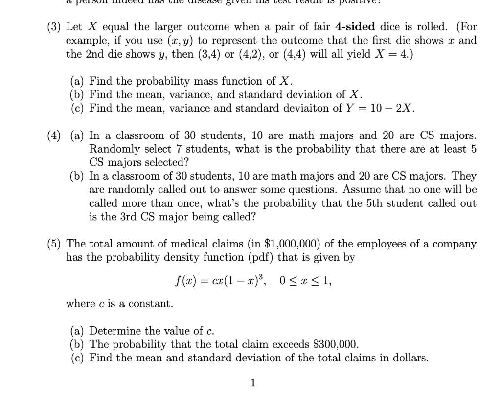 Solved (3) Let X equal the larger outcome when a pair of | Chegg.com