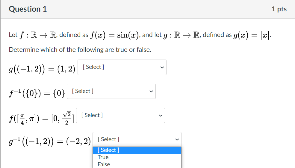 Solved Question 1 1 pts Let f: R + R, defined as f(x) = | Chegg.com
