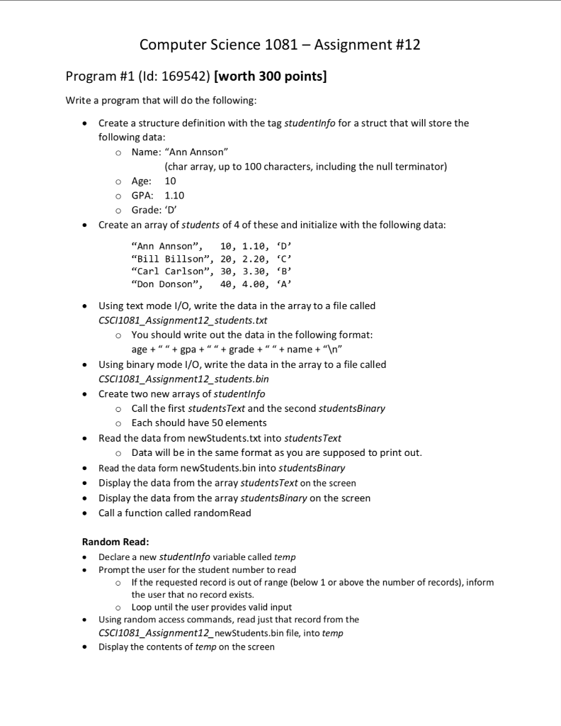 Solved Computer Science 1081 Assignment 12 Program 1 